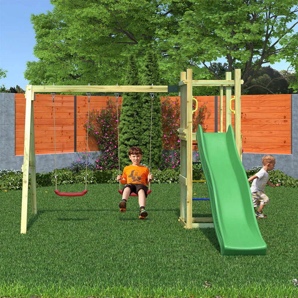 Buy Rumble Ridge Wooden Rock Wall Climbing Frame with Double Swing ...